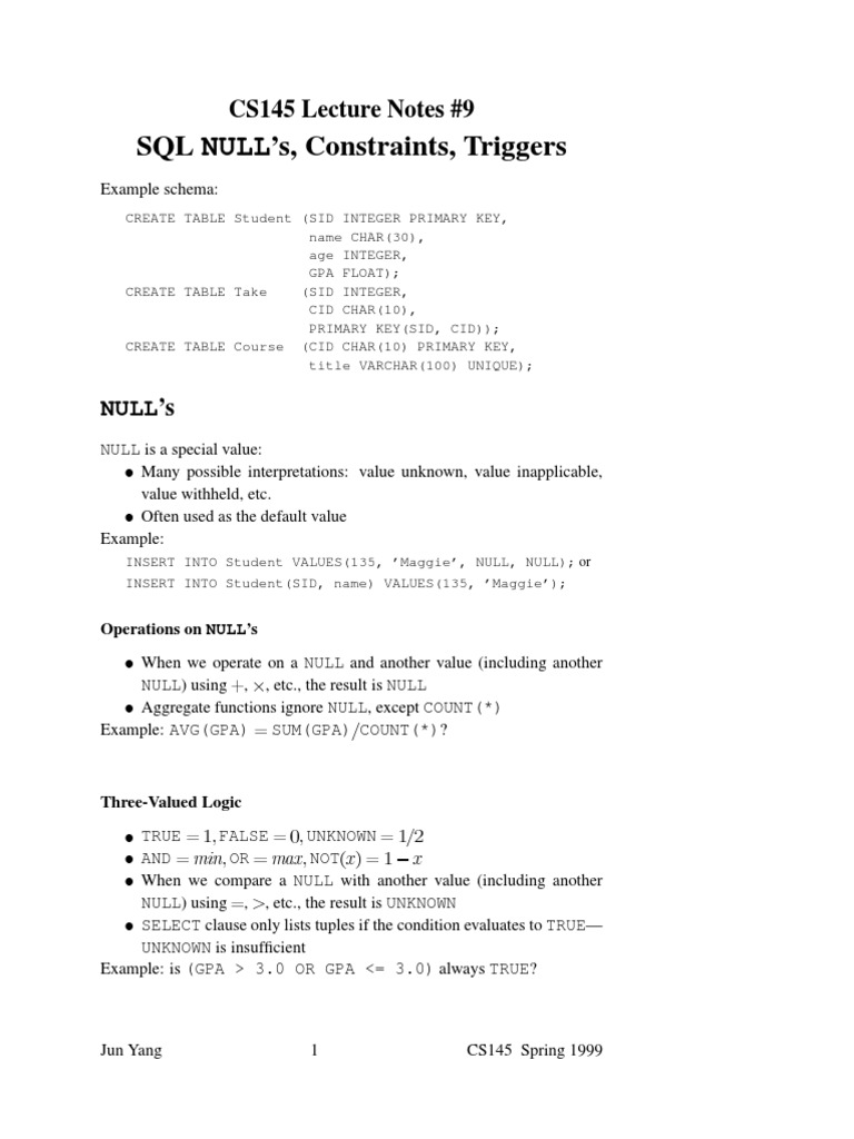SQL 'S, Constraints, Triggers: CS145 Lecture Notes #9 | PDF ...