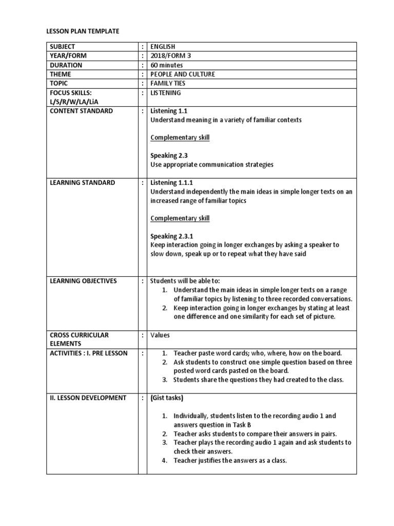 (Listening) Lesson Plan Template | PDF | Career & Growth | Language ...