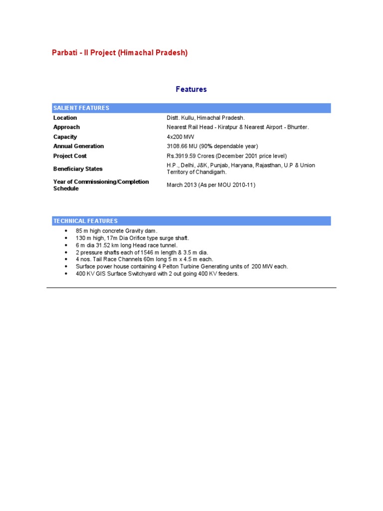 Parbati-II Hydroelectric Project Overview | PDF | Hydroelectricity ...