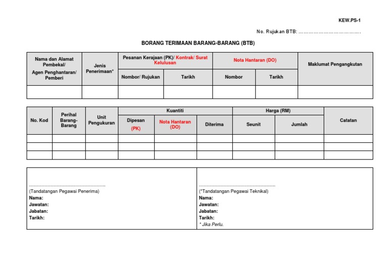 Kew - PS-1 - Borang Terimaan Barang-Barang (BTB) | PDF