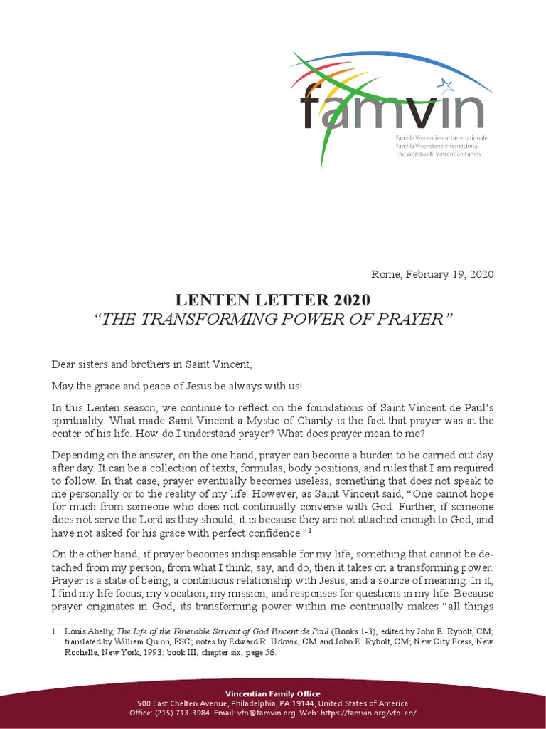 (English) Lenten Letter 2020 - Vincentian Family | PDF