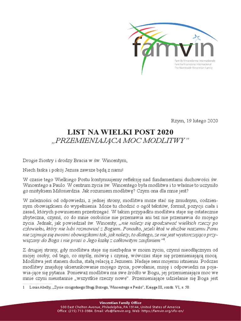 (Polski) List Na Wielki Post 2020 - Rodzina Wincentyńska | PDF