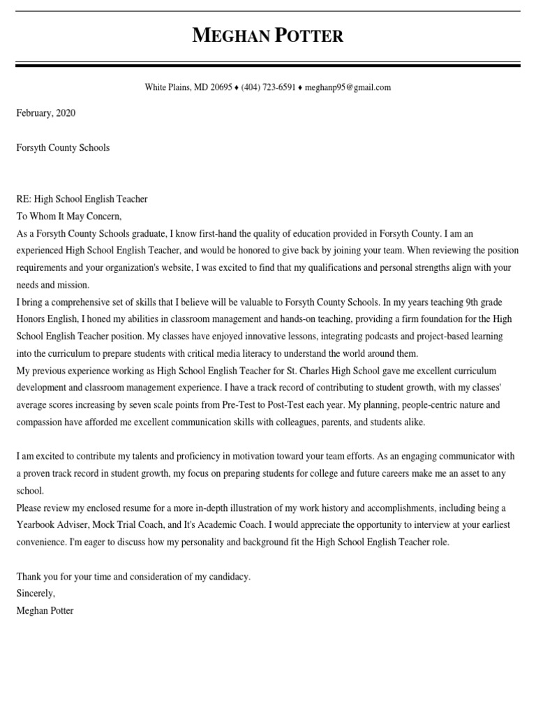 Meghan Potter's Teacher Cover Letter | PDF | Career & Growth