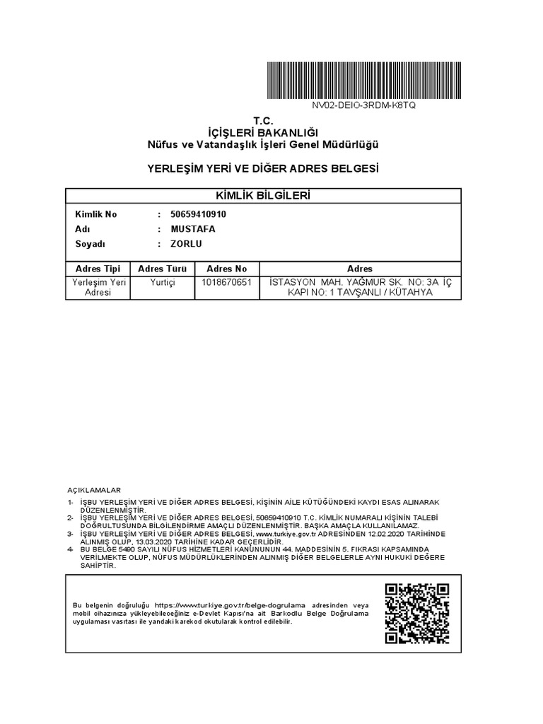 Nvi Yerlesim Yeri Ve Diger Adres Belgesi Sorgulama PDF | PDF