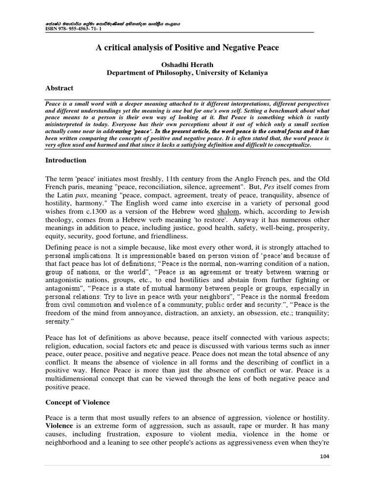 Two Types of Peace: A Critical Analysis of Positive and Negative Peace ...