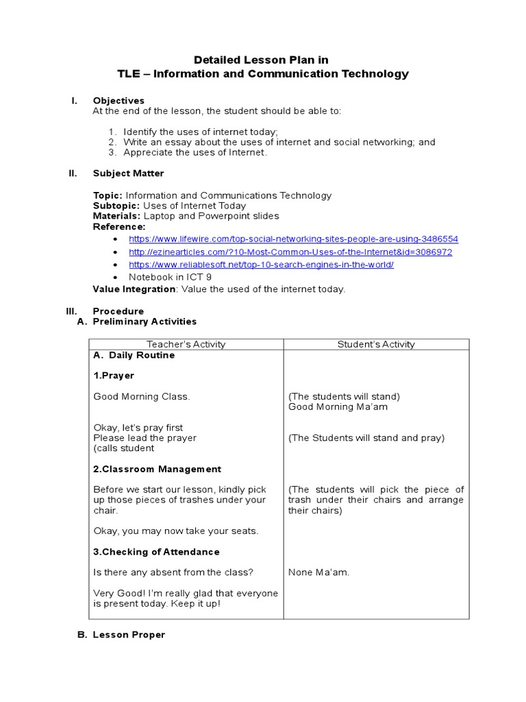 TLE Lesson Plan: Internet Uses Today | PDF | Internet Explorer | Social ...