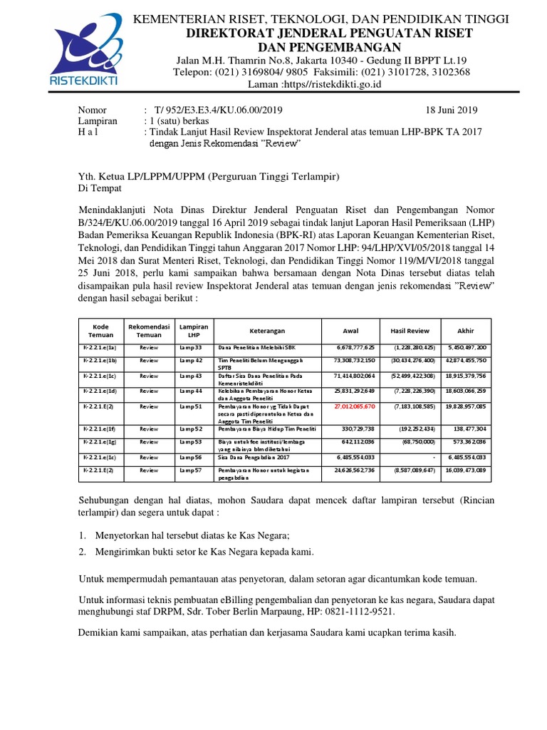 Tindak Lanjut Hasil Review Inspektorat Jenderal Atas Temuan LHP-BPK TA 2017 PDF | PDF