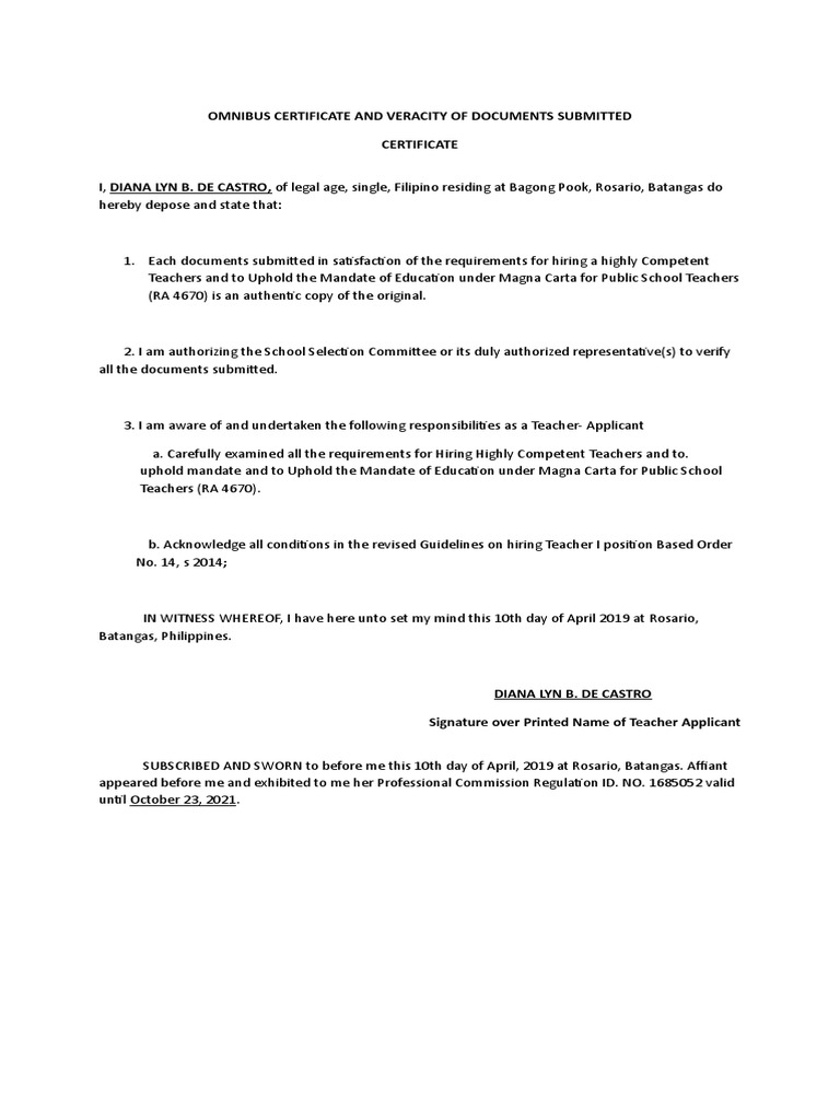 Omnibus Certificate | PDF | Document | Government