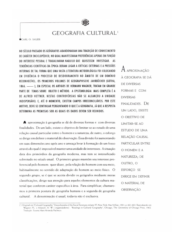 Carl Sauer - A Geografia Cultural PDF | PDF