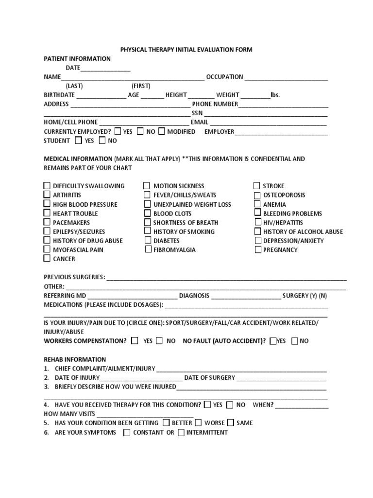 Initial Eval Form New | PDF | Pain | Stroke