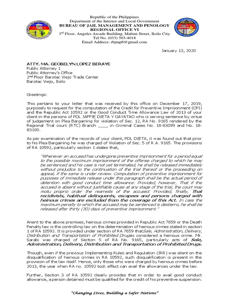 Philippines Bureau of Jail Management and Penology letter on CPI and ...