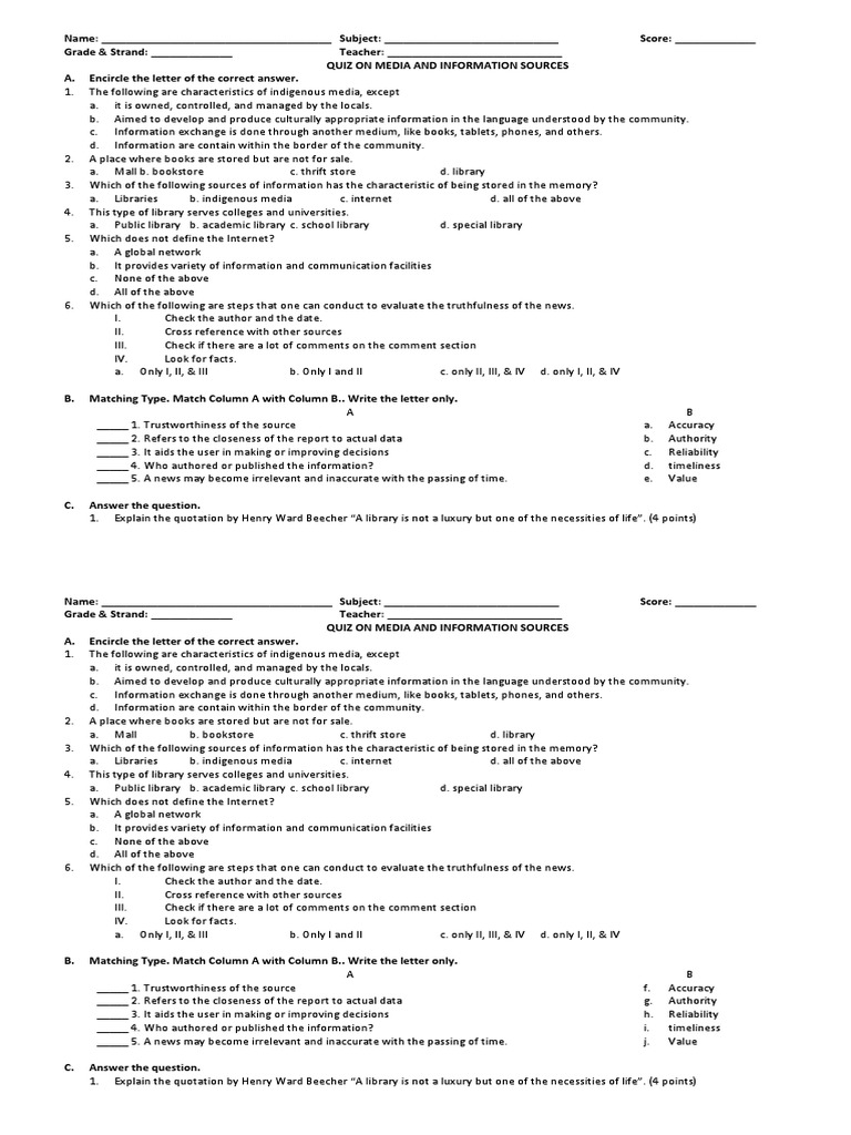 Media And Information Sources Quiz Download Free Pdf Mass Media Libraries