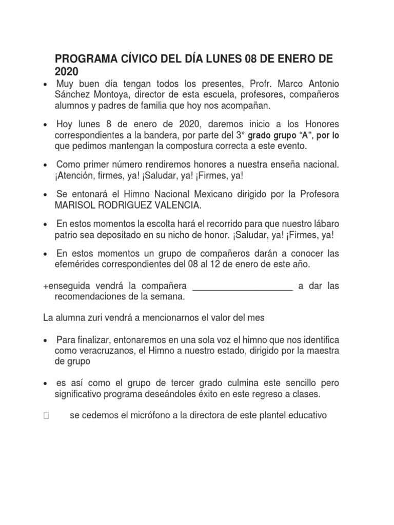 Programa Cívico Del Día Lunes 08 de Enero de 2020 | PDF | Agitación