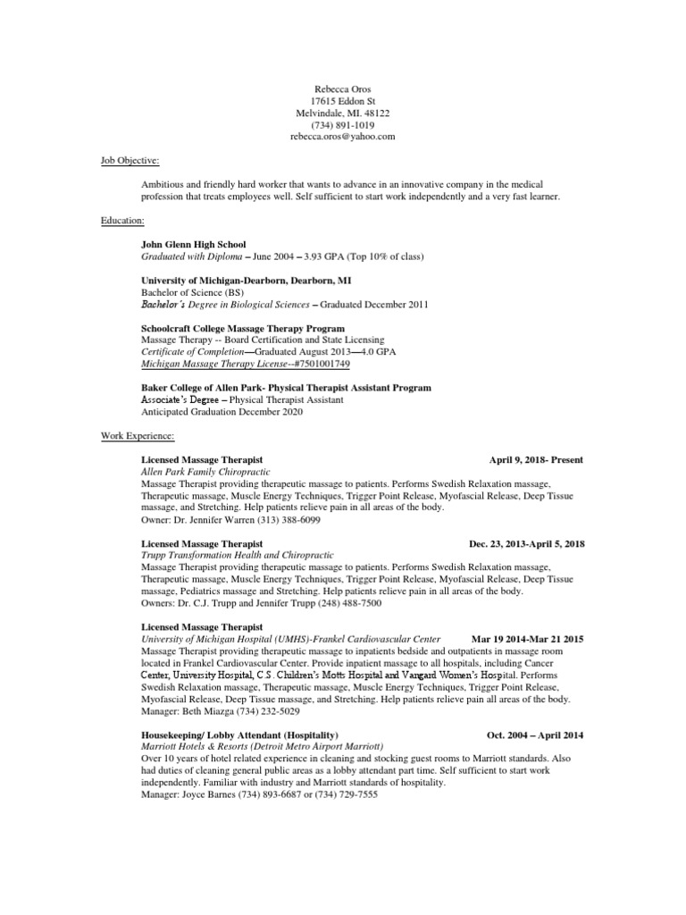 Rebeccas Resume Updated 7-2016 | PDF | Myofascial Trigger Point | Massage