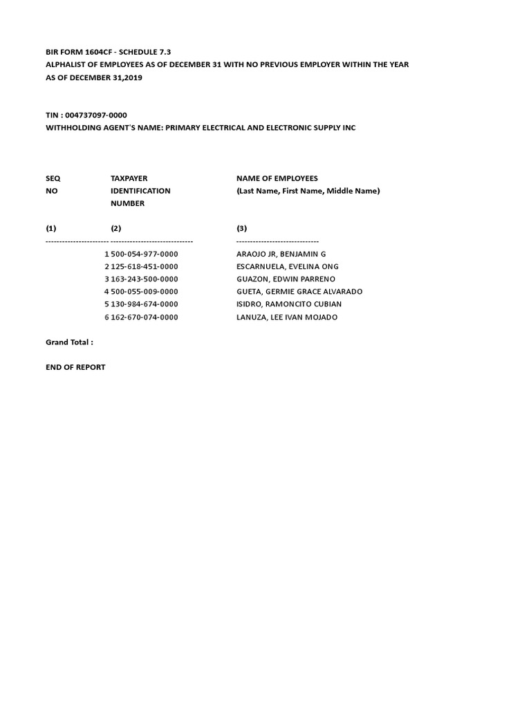 Alphalist 1604CF Schedule 7.3 For The Y-2019 | PDF | United States ...
