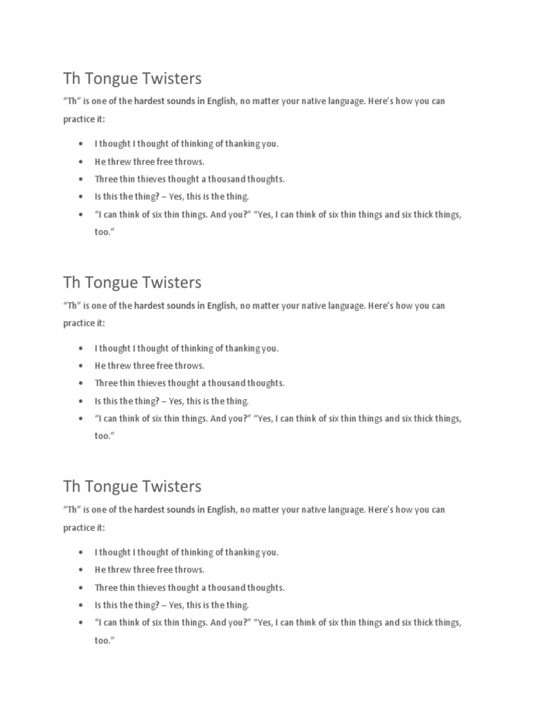 TH Sound Tongue Twisters Practice | PDF | Language Arts & Discipline ...