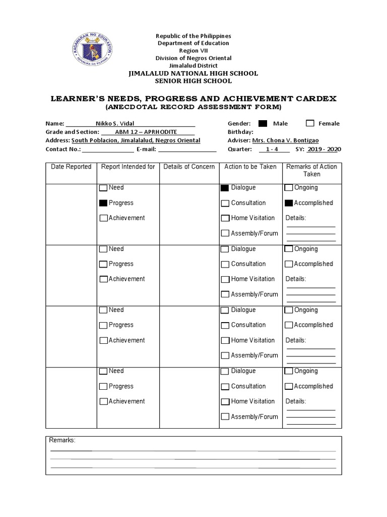 Learner's Needs, Progress and Achievement Cardex (Anecdotal Record ...