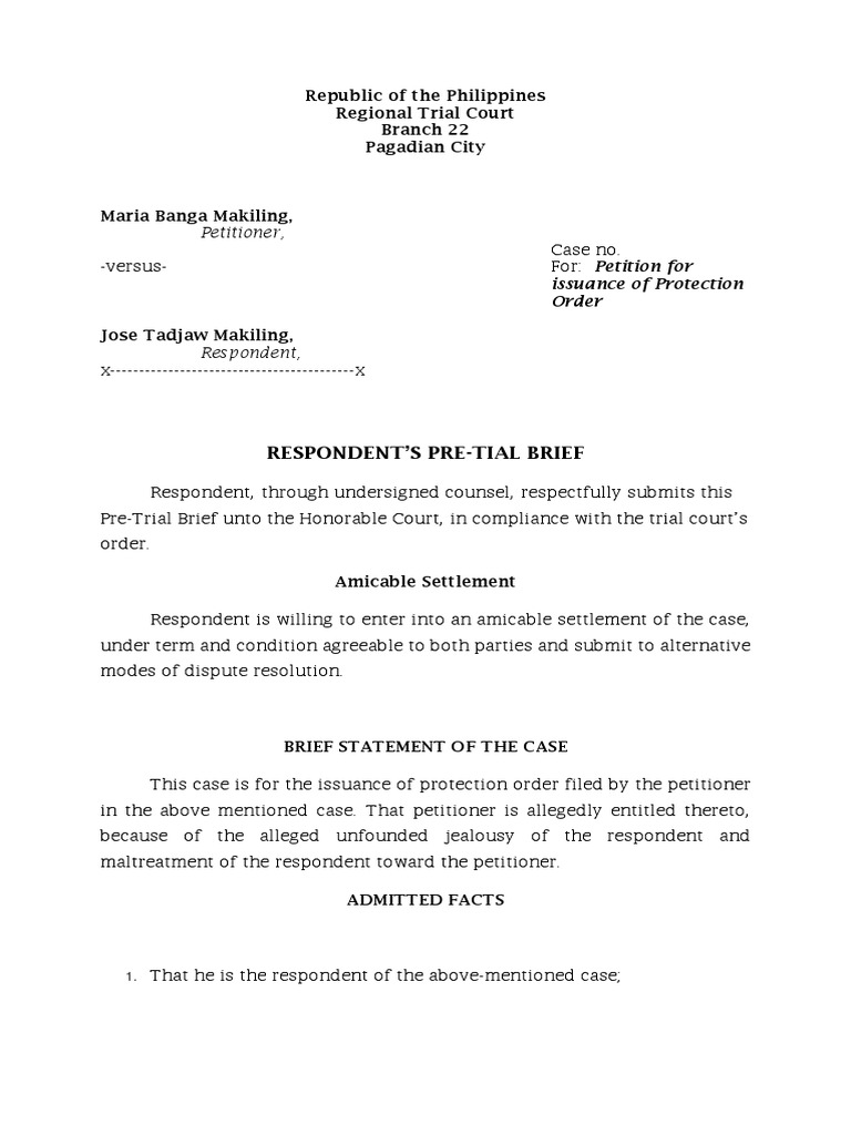 Respondent's Case Against the Issuance of a Protection Order | PDF ...