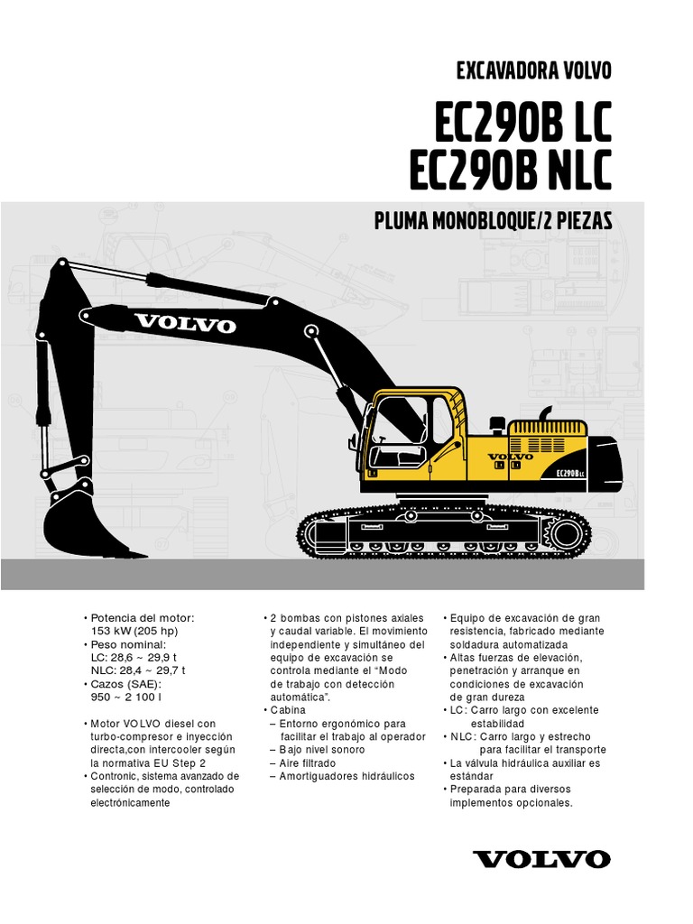 Excavadora Volvo EC290B: Especificaciones | PDF | Turbocompresor | Bomba