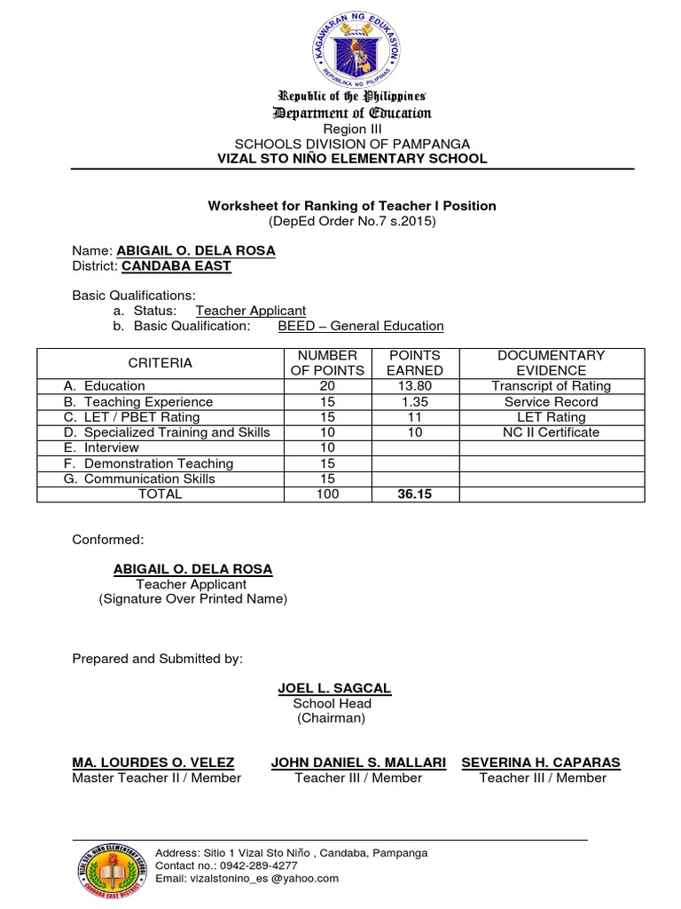 Worksheet For Ranking of Teacher I Position | PDF | Learning