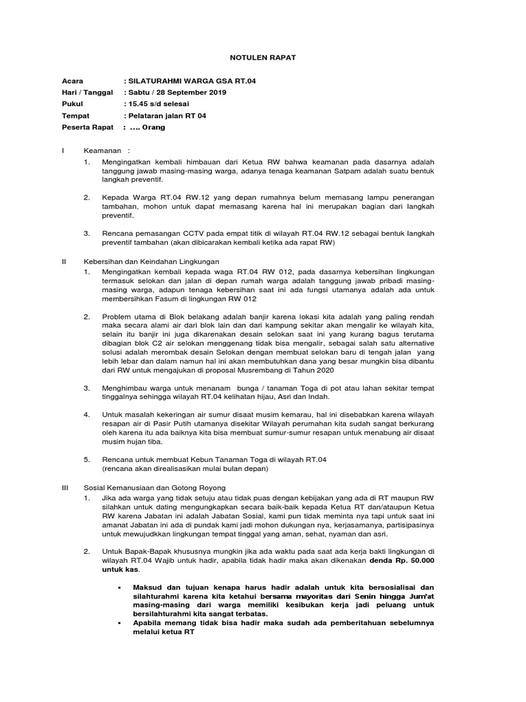 Notulen Pertemuan Perdana RT 04 | PDF