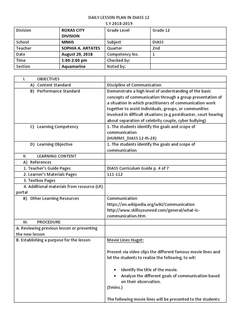 Daily Lesson Plan in Diass 12 | PDF