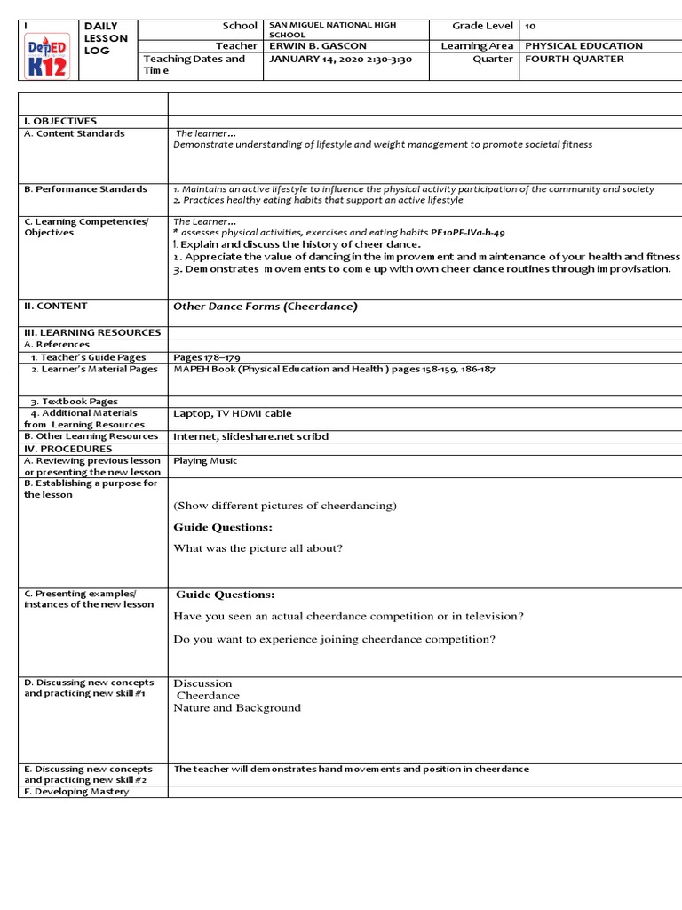 Pe G-10 4TH Quarter | PDF | Physical Education | Cheerleading