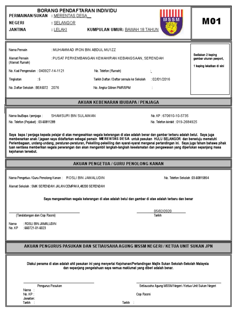 Borang Pendaftaran M01 MERENTAS DESA | PDF