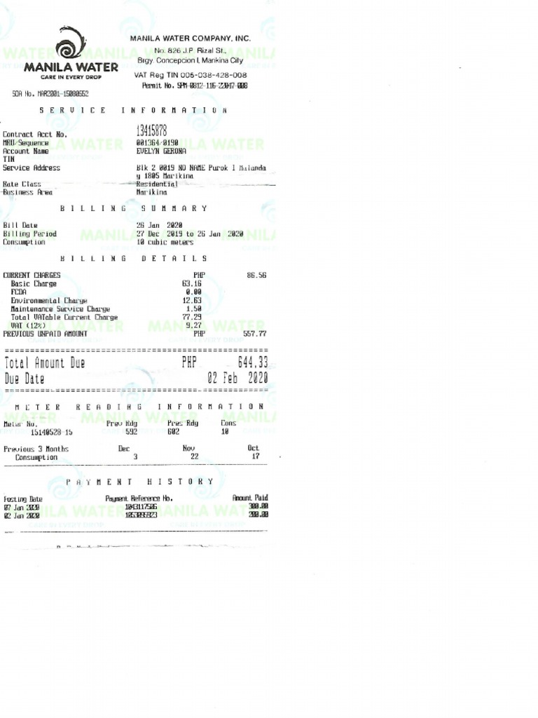 Proof of Billing (Manila Water) PDF | PDF