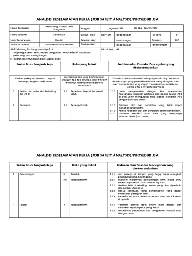 JSA Pemasangan Instalasi Listrik | PDF