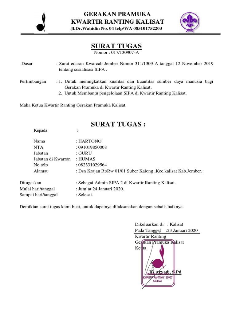 Surat Tugas Admin Sipa Kwaran Kalisat 2020 | PDF