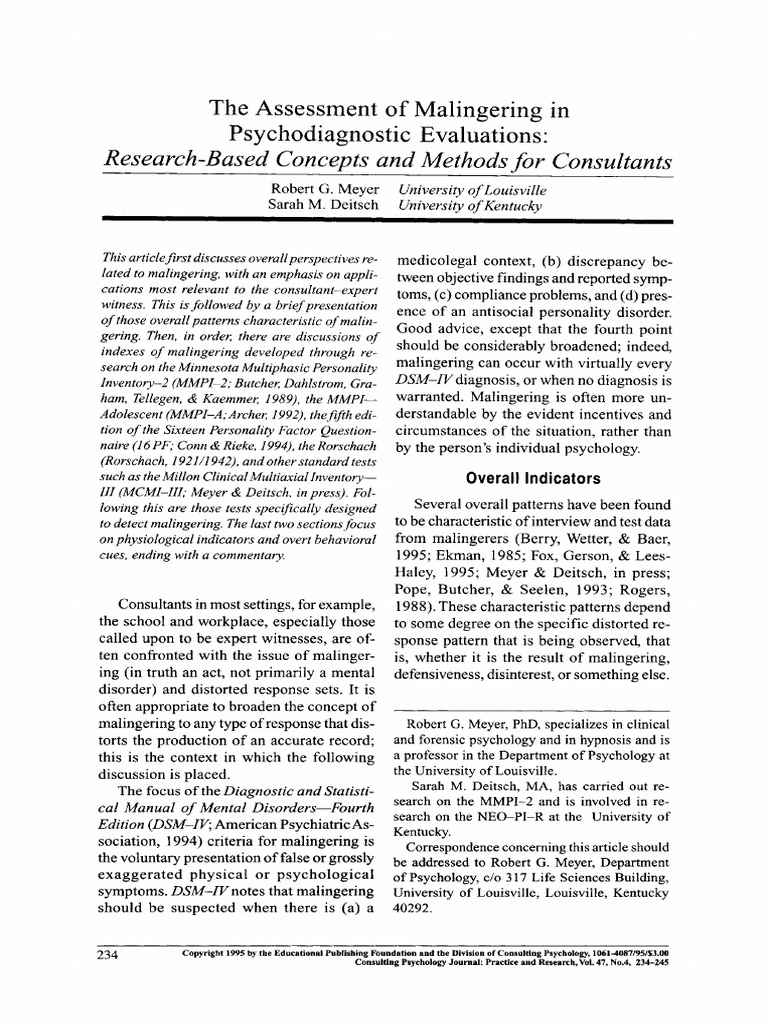Assessment of Malingering PDF | PDF | Psychological Evaluation | Event ...