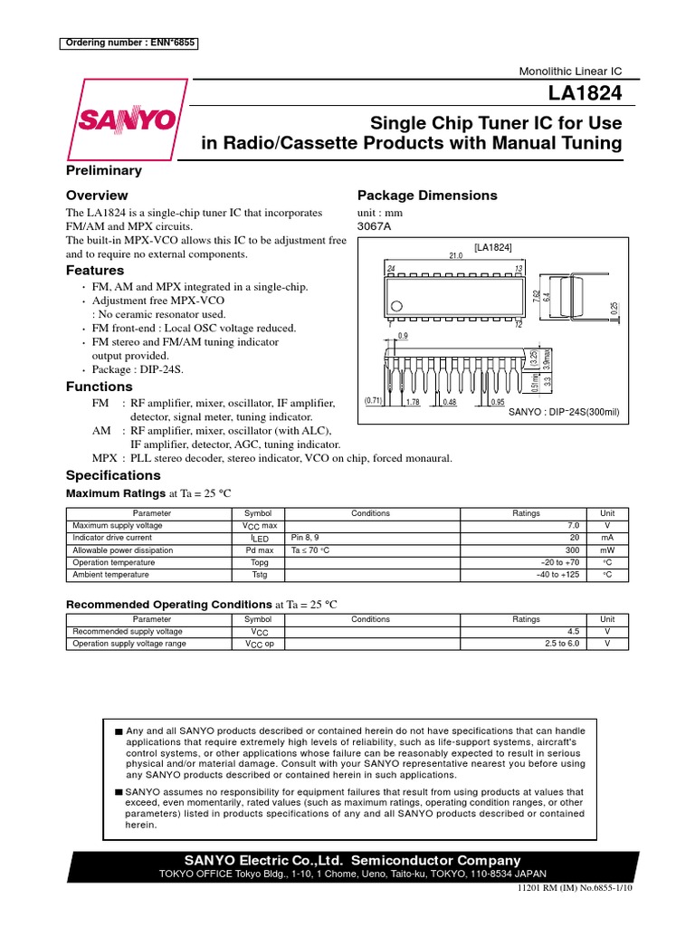 LA1824 Single-Chip Tuner IC Overview | PDF | Detector (Radio ...