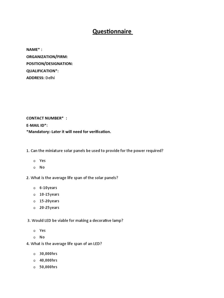 Questionnaire: Name : Organization/Firm: Position/Designation ...