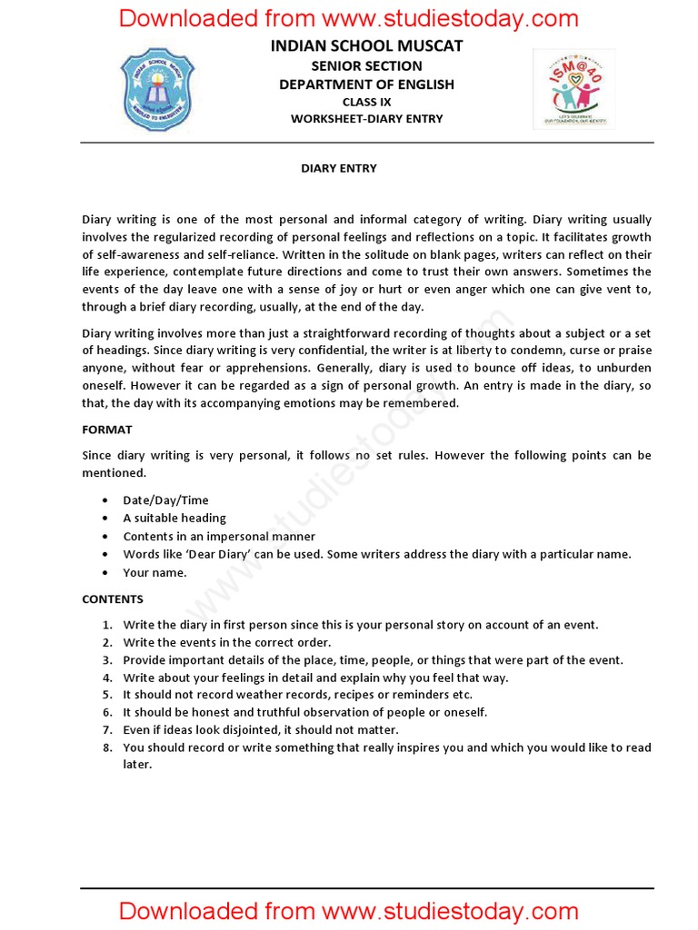 CBSE Class 9 Assignment-Diary Entry PDF | PDF