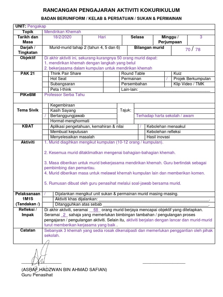 Contoh Penyediaan RPH Atau RPA Kokurikulum | PDF