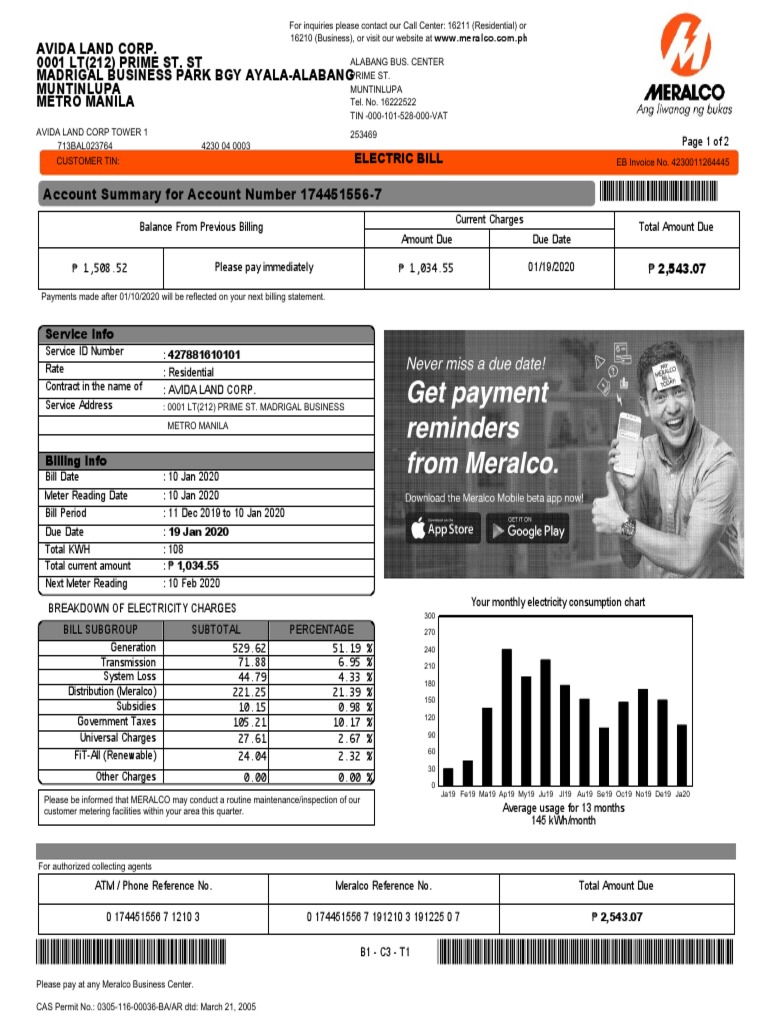 Meralco Bill 427881610101 01102020 - 1 | PDF | Invoice | Kilowatt Hour