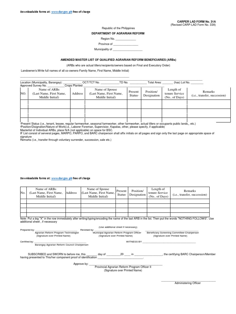 CARPER LAD Form No. 31-A | PDF | Common Law | Social Institutions CARPER LAD Form No. 31-A | PDF | Common Law | Social Institutions