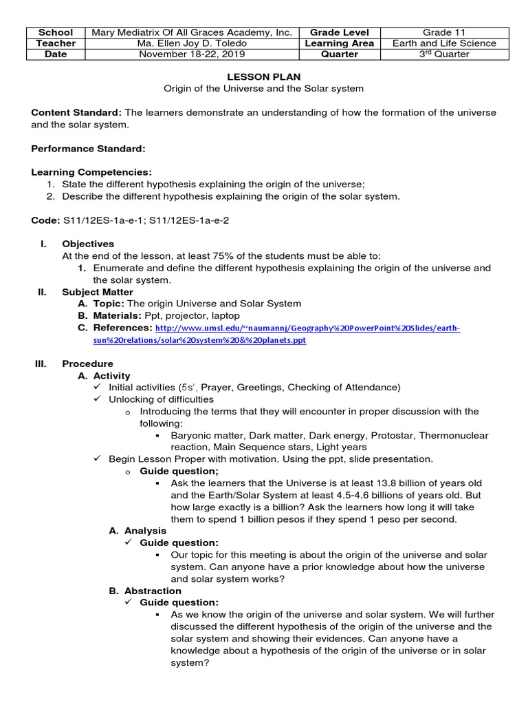 Mma ELS Lesson Plan Origin of The Universe | PDF | Physical Cosmology ...