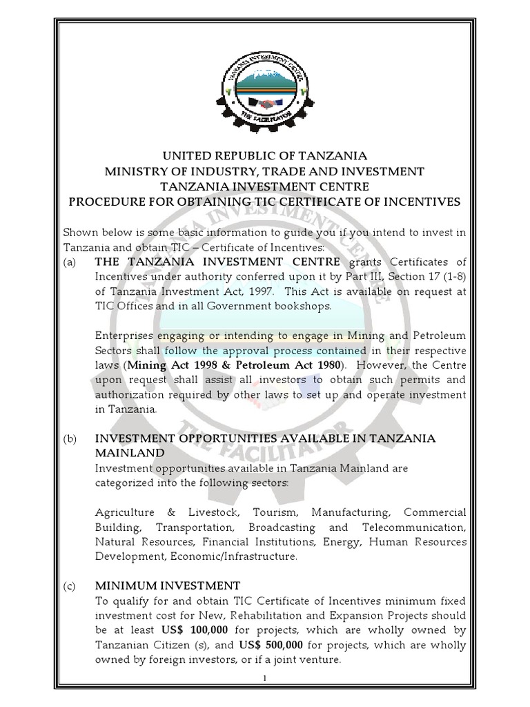 Procedure For Obtaining Tic Certificate of Incentives | PDF | Tanzania ...