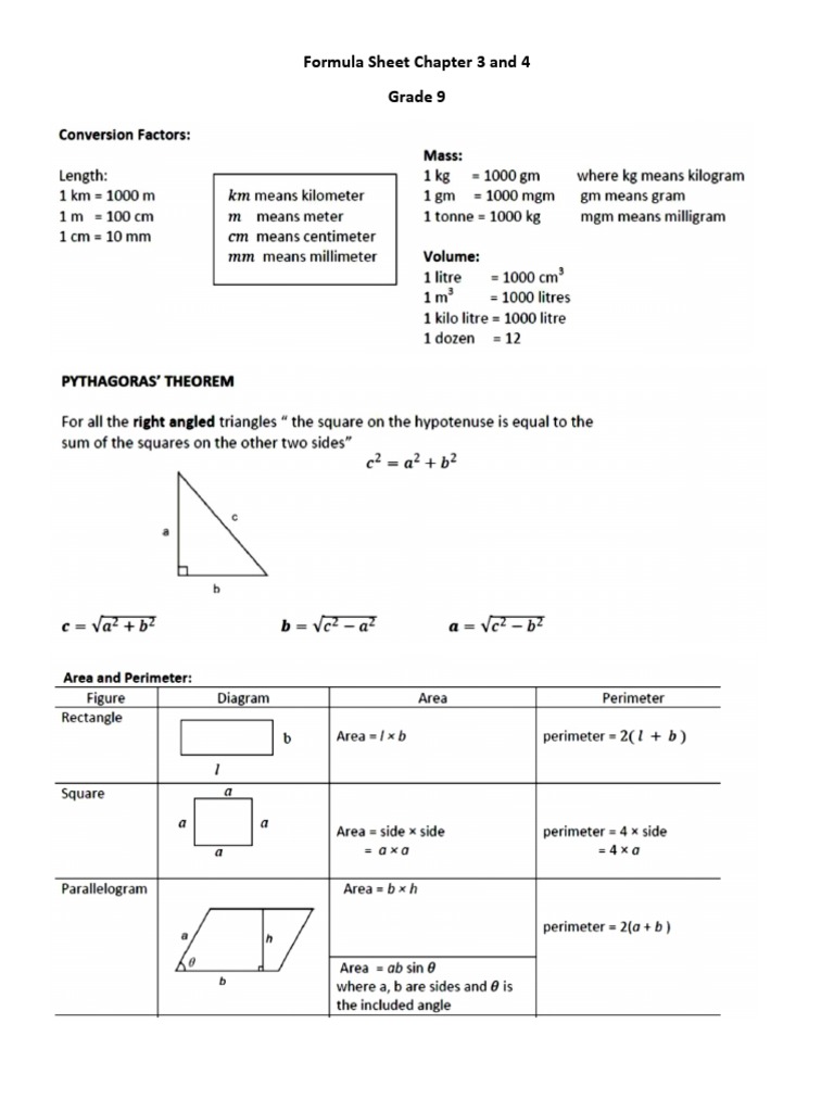 Grade 9 Formula Sheet Ch 3-4 Similar Figures | PDF