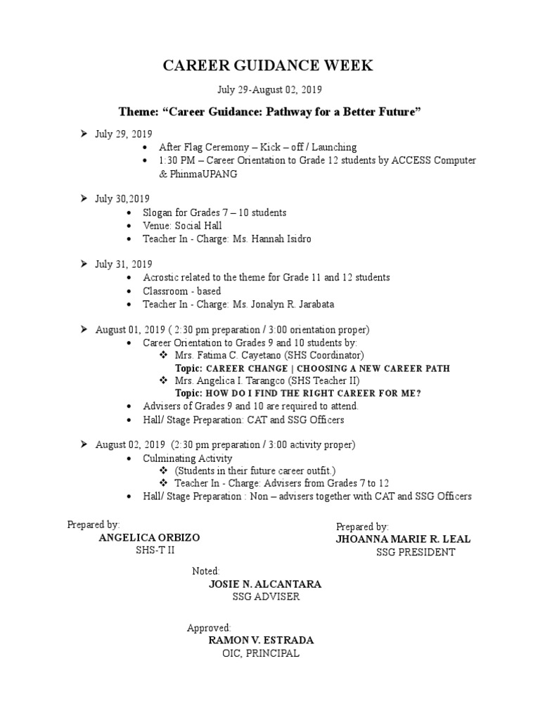 CAREER GUIDANCE WEEK Schedule of Activities | PDF