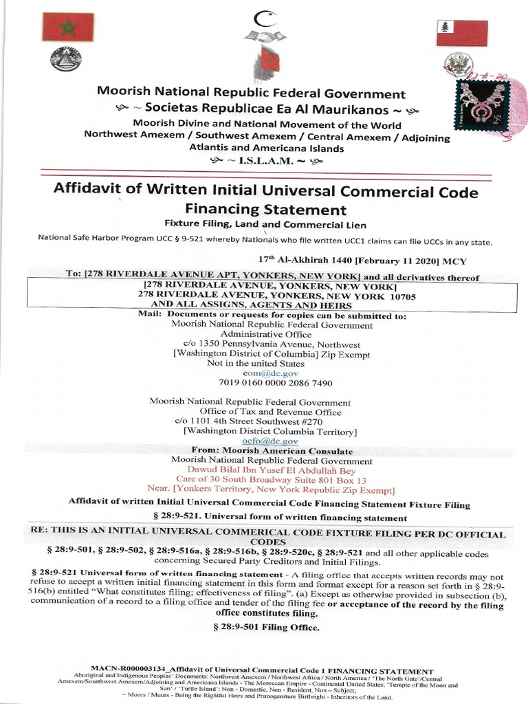 Affidavit of Universal Initial Universal Commercial Code Financing ...