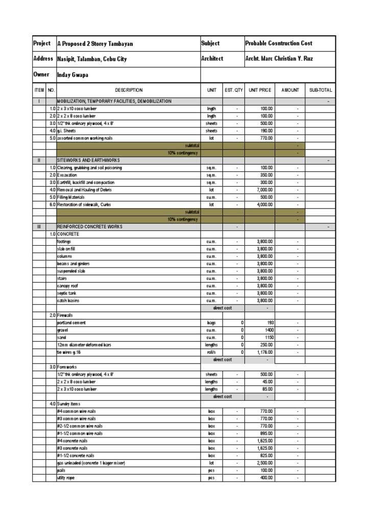 Sample Breakdown - Estimating Workbook - Ruz2016 | PDF