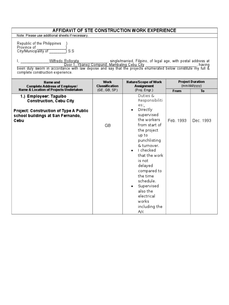 AFFIDAVIT OF STE CONSTRUCTION WORK EXPERIENCE Approved by DTI PCAB | PDF