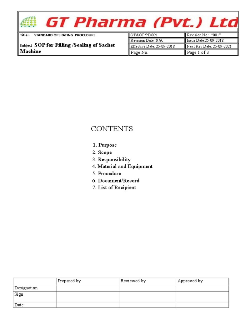 SOP for Sachet Filling Machine Operation | PDF | Business | Computers