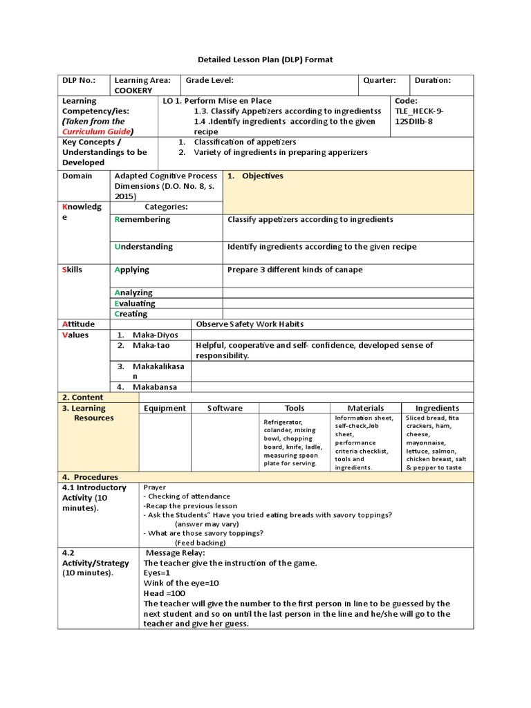 Detailed Lesson Plan Format Cookery | PDF