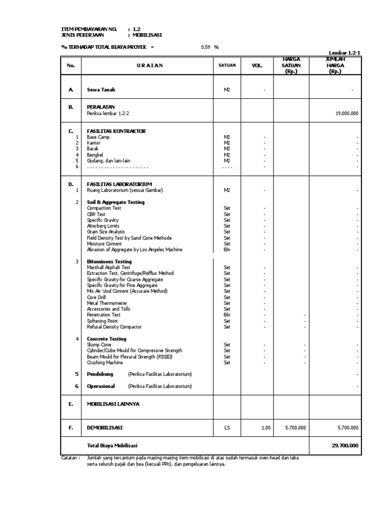 Mobilization Cost Breakdown for Construction Project | PDF