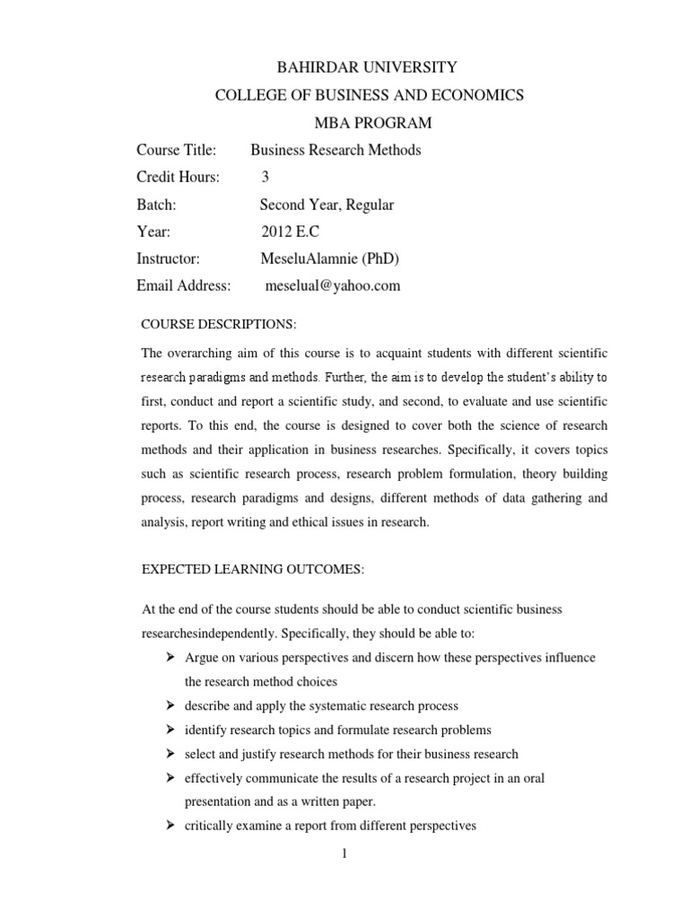 Course Outline For Business Research Methods | PDF