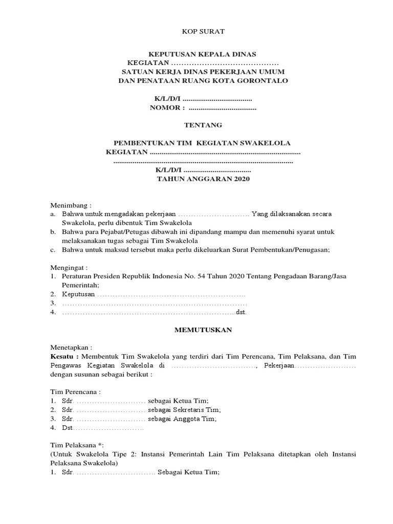 Surat Keputusan Pembentukan Tim Swakelola Contoh | PDF